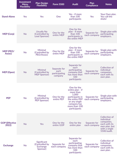 MEP, PEP, or Stand Alone Plan, Which Is the Best Fit for Your Company?